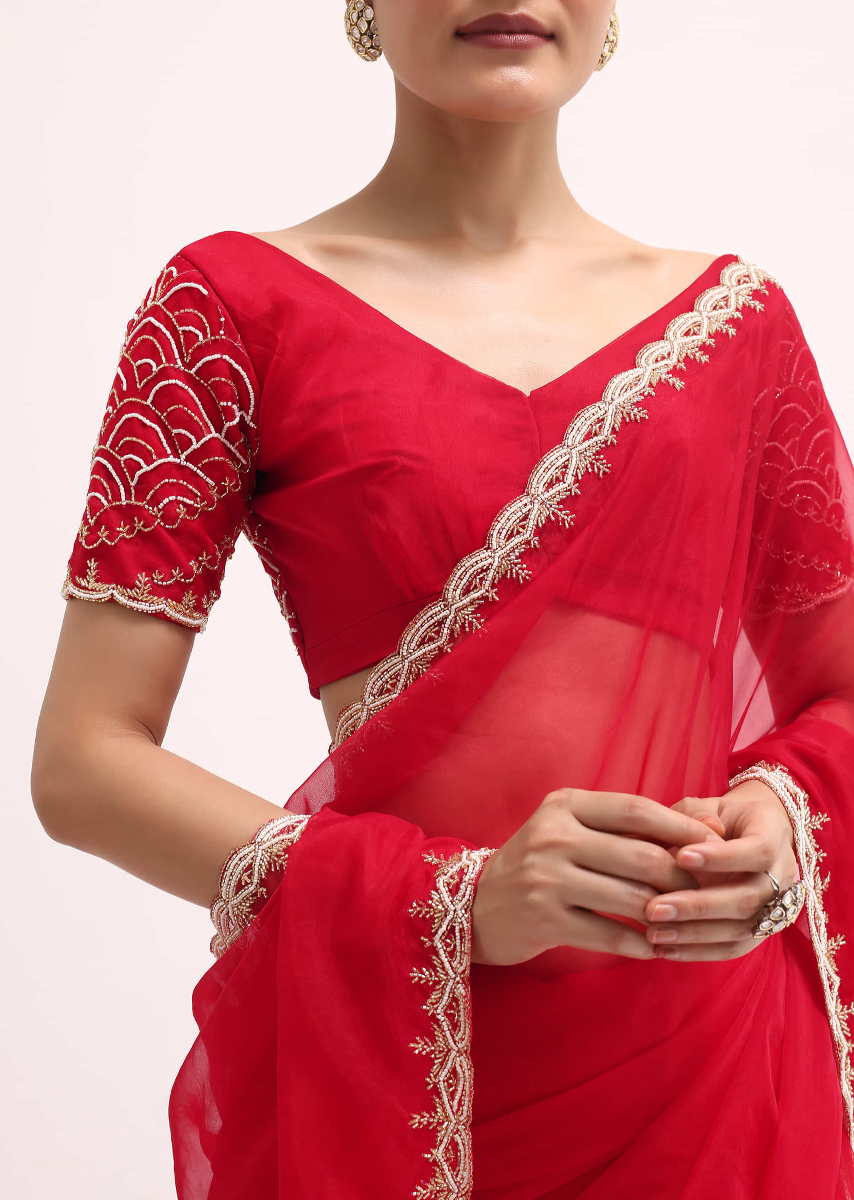 Red Scallop Border Organza Saree With Unstitched Blouse - KALKI Fashion