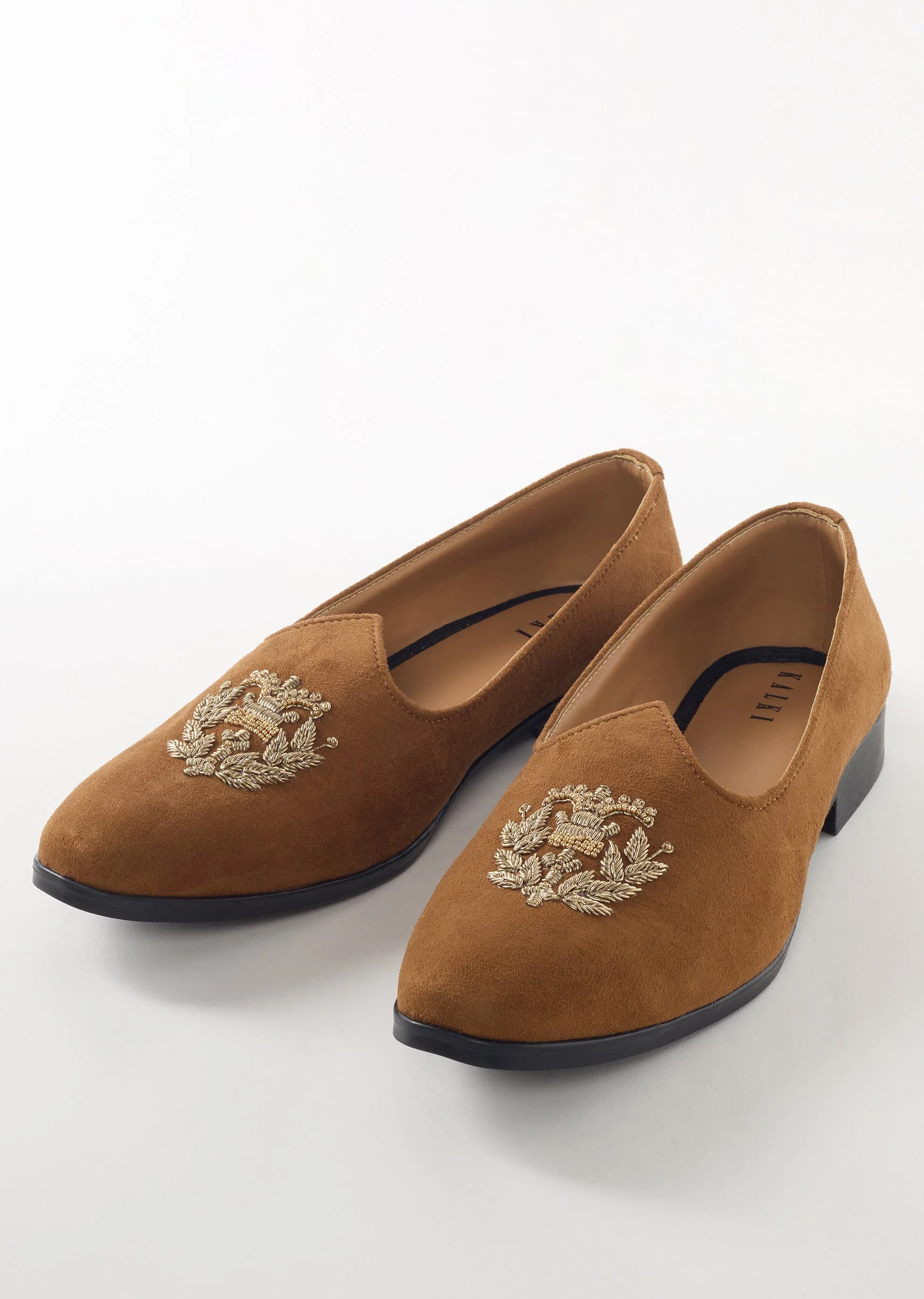 Brown Suede Ethnic Jutti With Metallic Embroidery For Men - KALKI Fashion